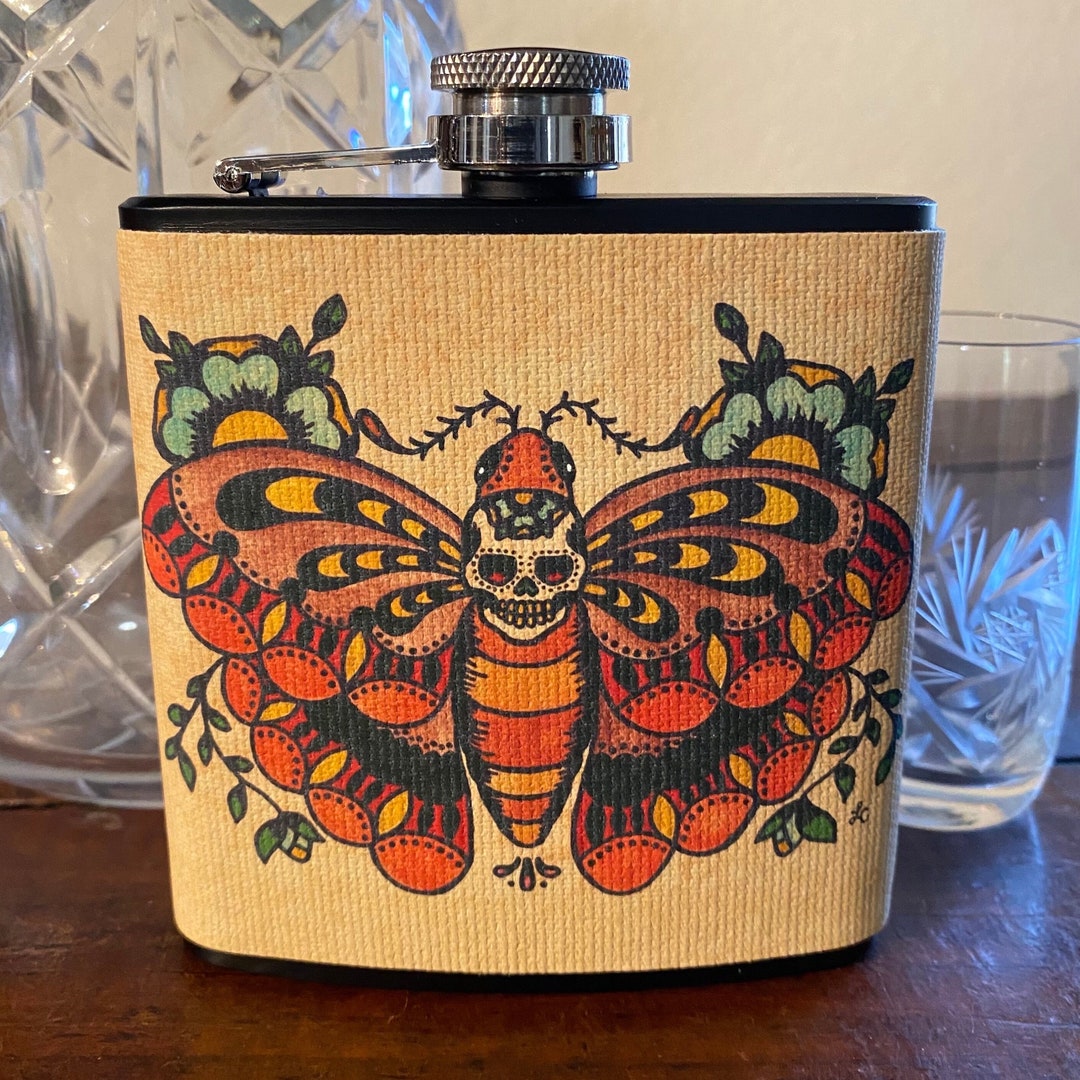 Death Moth Flask Traditional Tattoo Art 6 Oz, Black, Stainless Steel ...