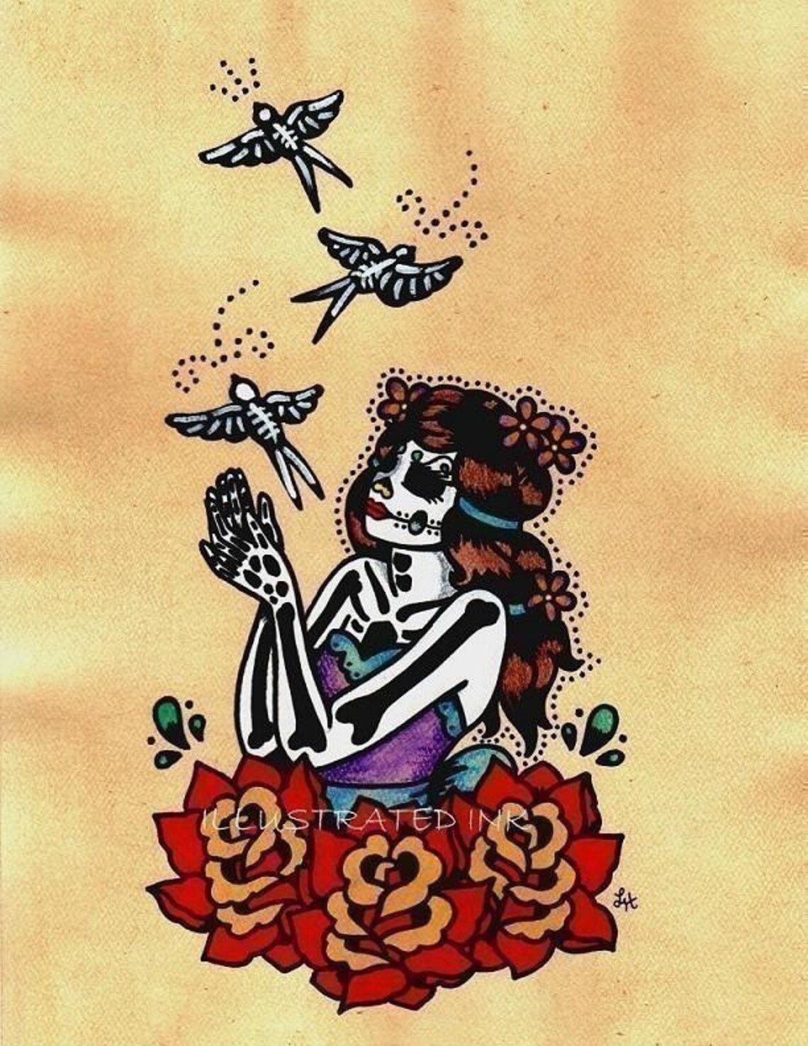 Day of the Dead BIRDS With Beauty Dia De Los Muertos Art Print | Etsy