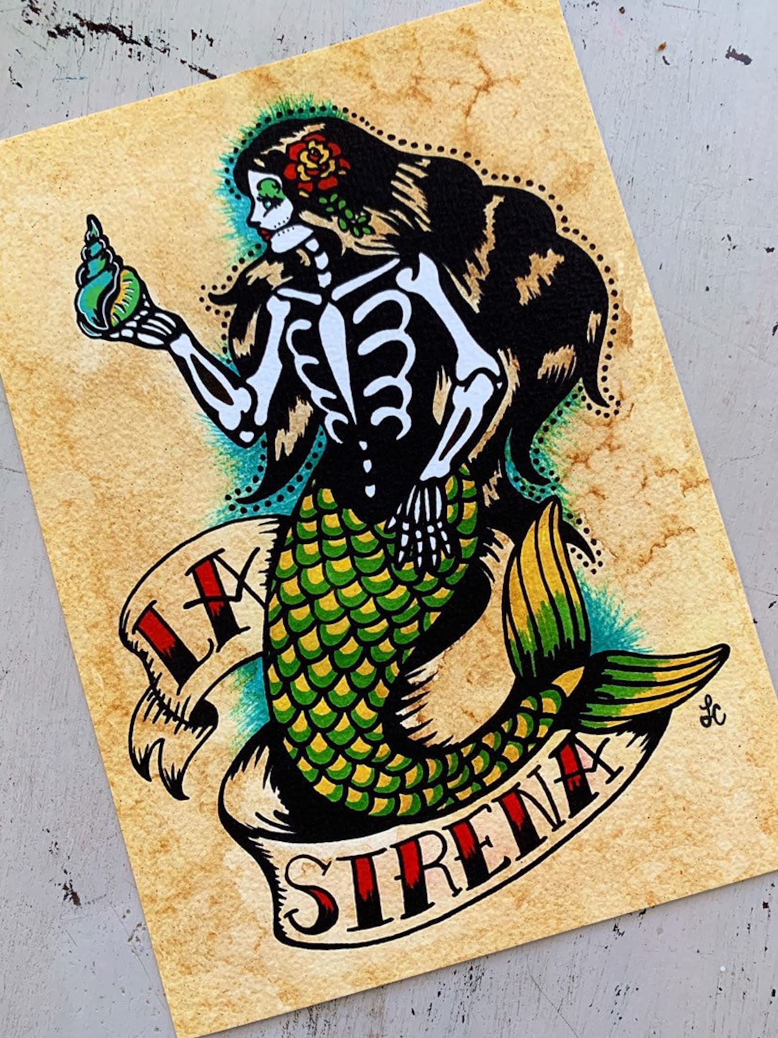 Day of the Dead Mermaid Tattoo Art LA SIRENA Loteria Print 5 X - Etsy UK