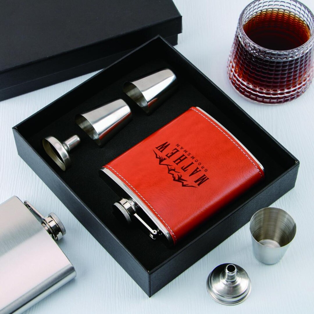Personalized Leather Flask Cups Set, Personalized Leather Flask Kit ...