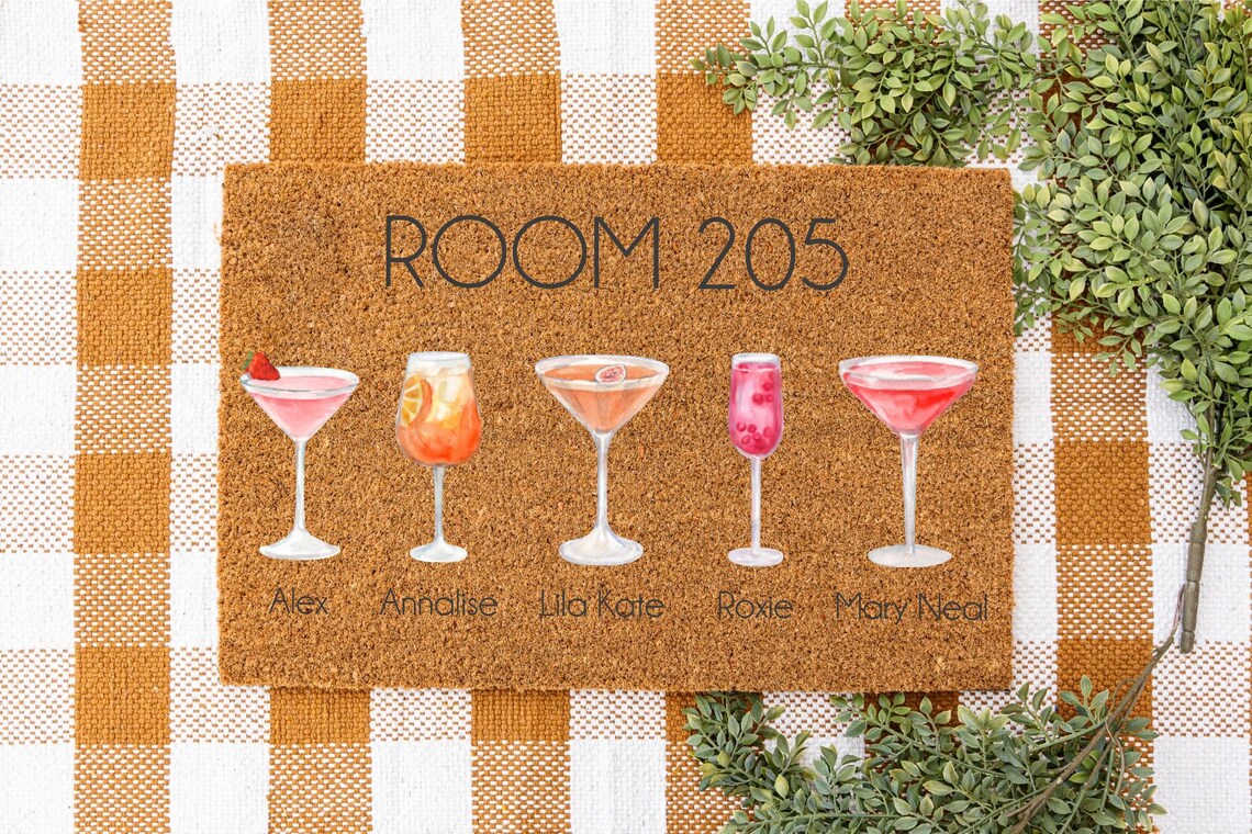 Custom Dorm Doormat for 5 Girls – Martini Glass Design, Fun College ...