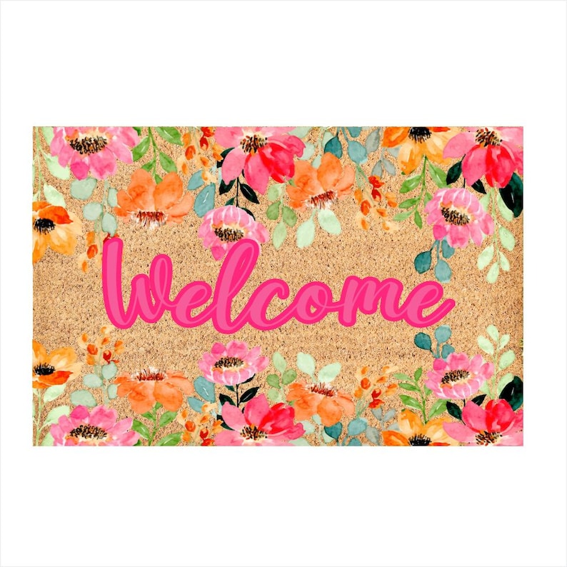 Floral Pink Green Orange Colorful Welcome Door Mat - Etsy