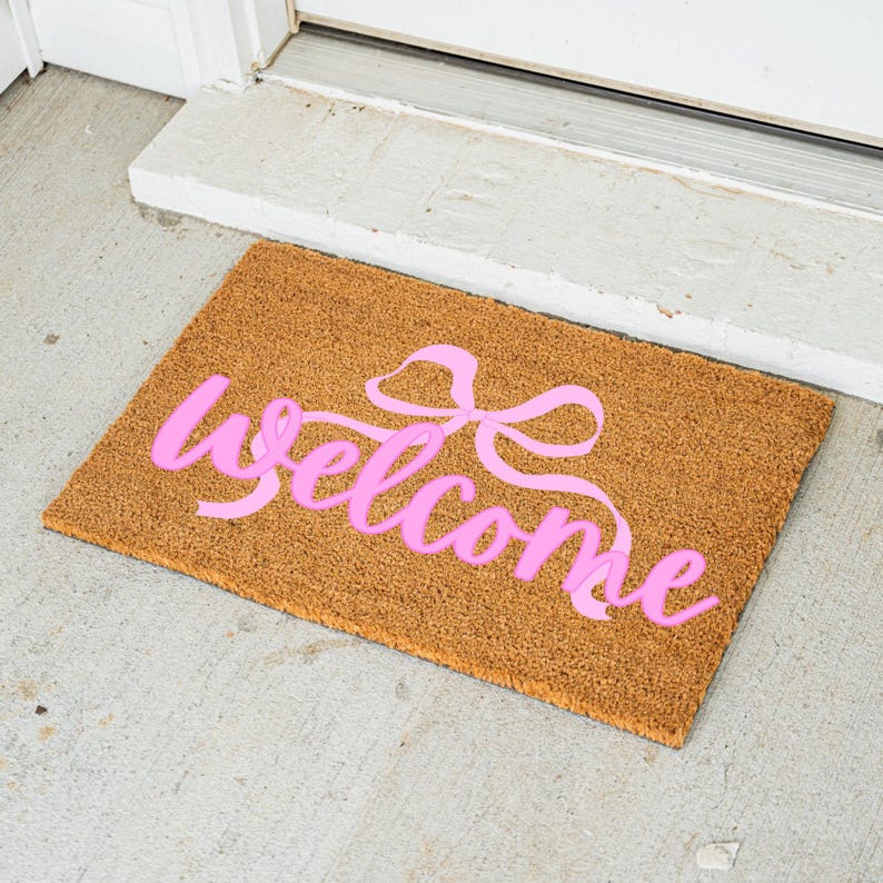 Cute Pink Bow Welcome Mat – Charming Outdoor Doormat, Decorative ...