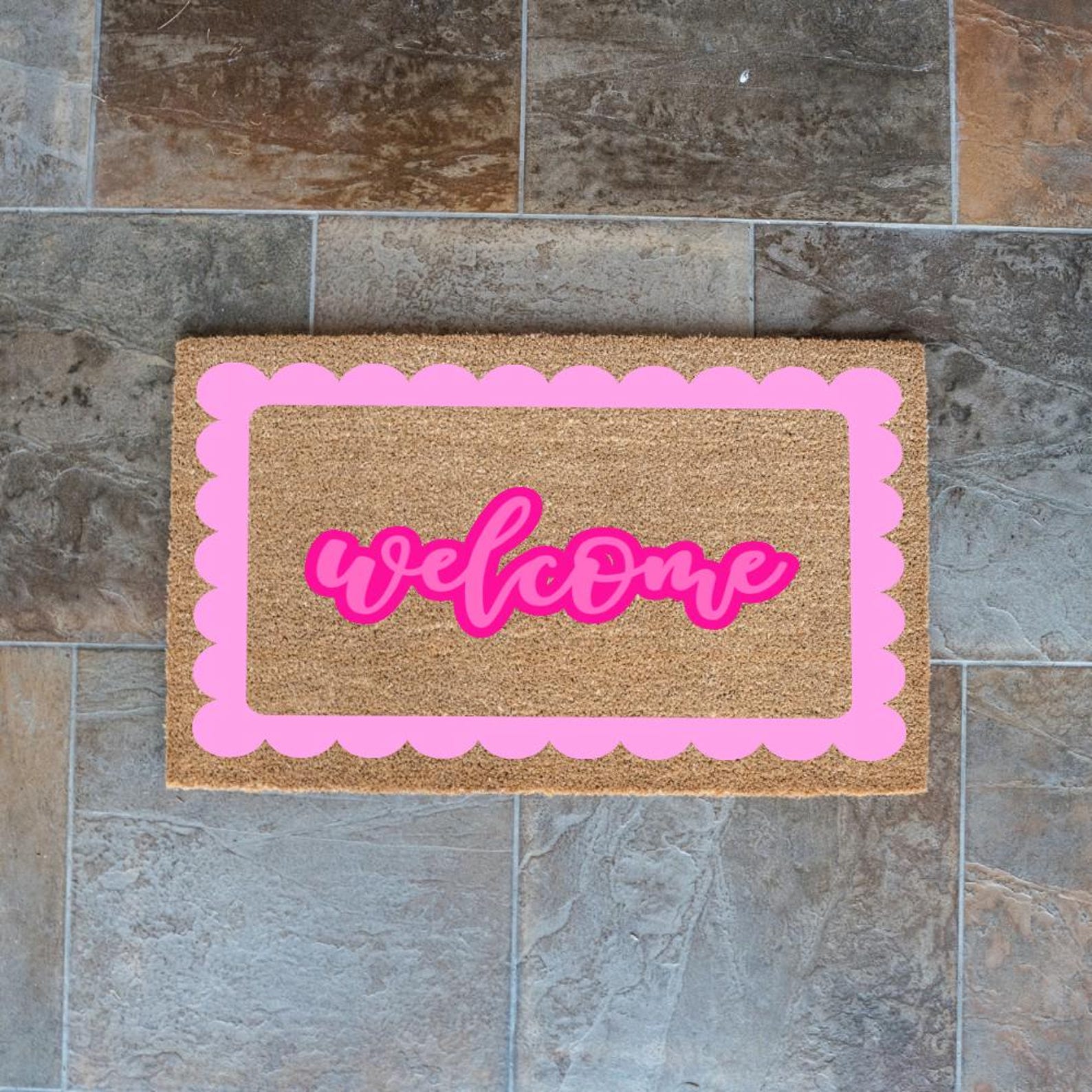 Cute Welcome Doormat - Pink Aesthetic Scalloped Entryway Mat - Girly ...