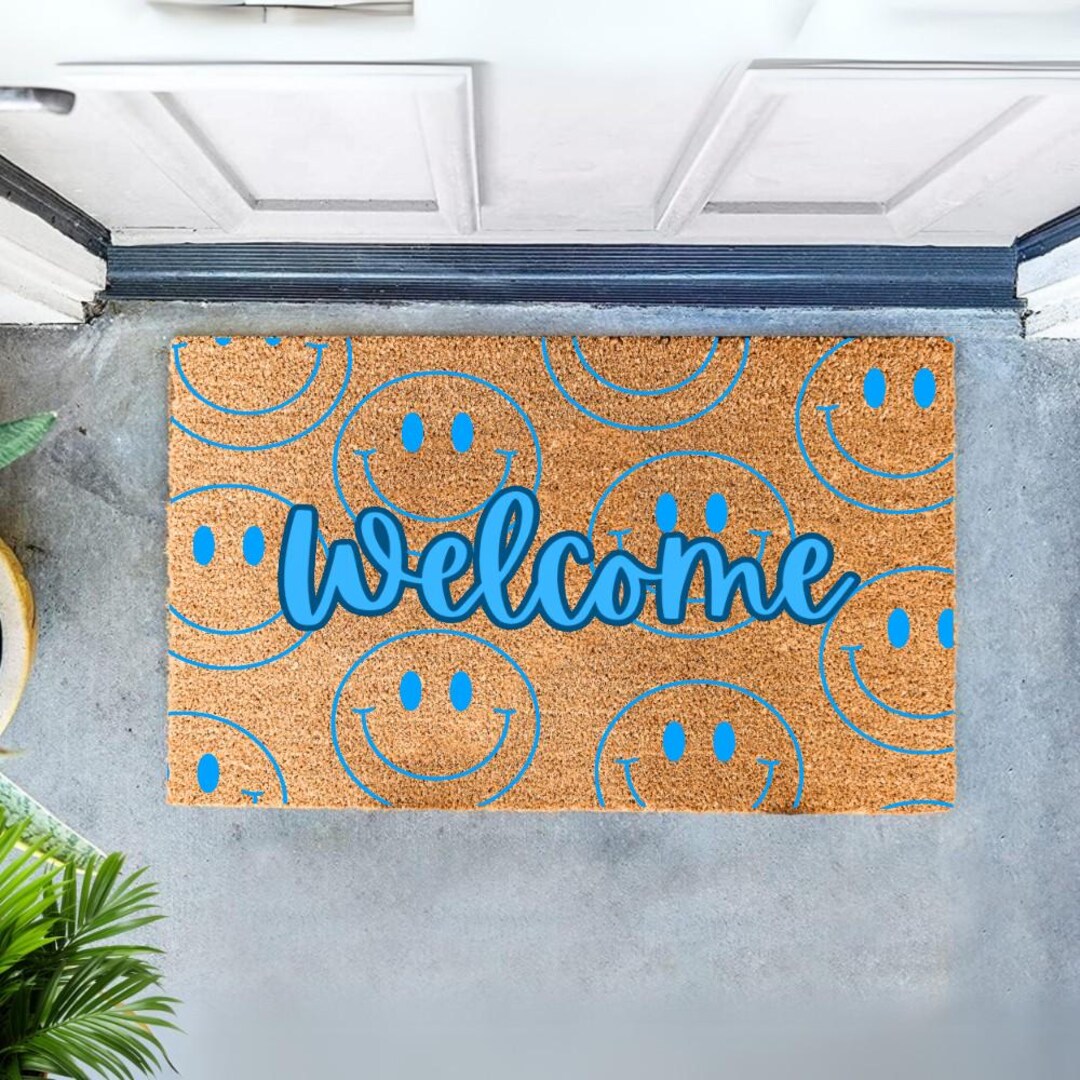 Blue Welcome Smiley Face Doormat – Cute Happy Face Welcome Mat ...