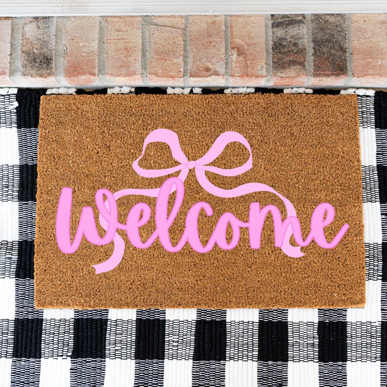 Cute Pink Bow Welcome Mat – Charming Outdoor Doormat, Decorative ...