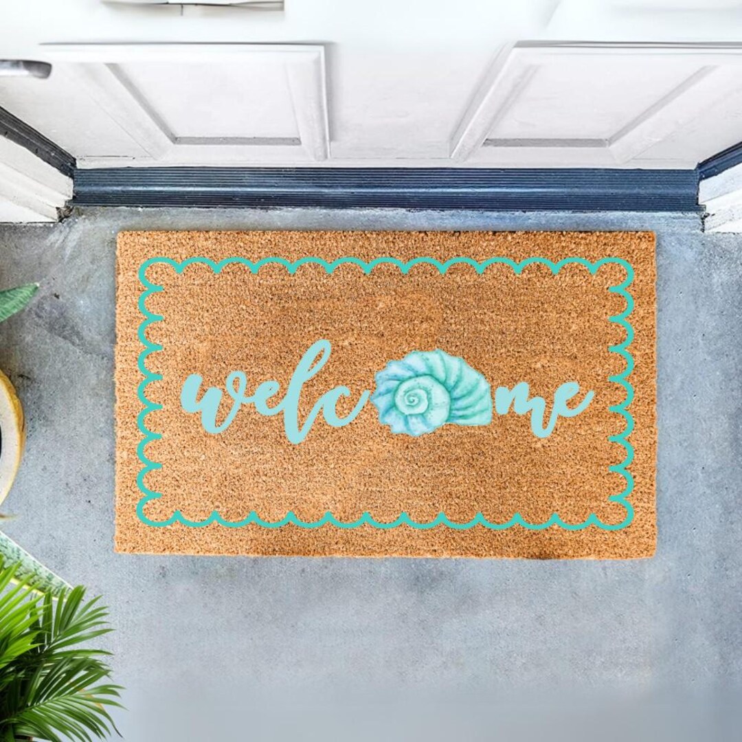 Blue Seashell Welcome Mat – Coastal Door Rug, Beach House Entryway ...