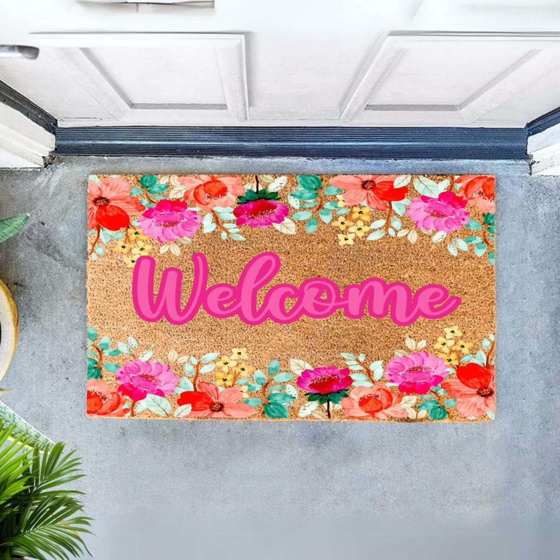 Floral Pink Welcome Mat Inviting Beautiful Flower Mat Perfect for A ...