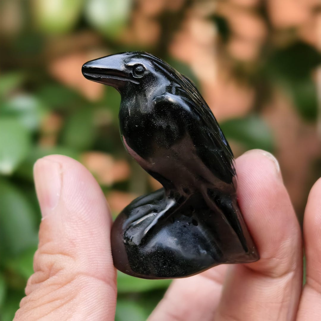 Handcrafted Obsidian Raven Sculpture: Crystal Bird Figurine, Home Decor ...