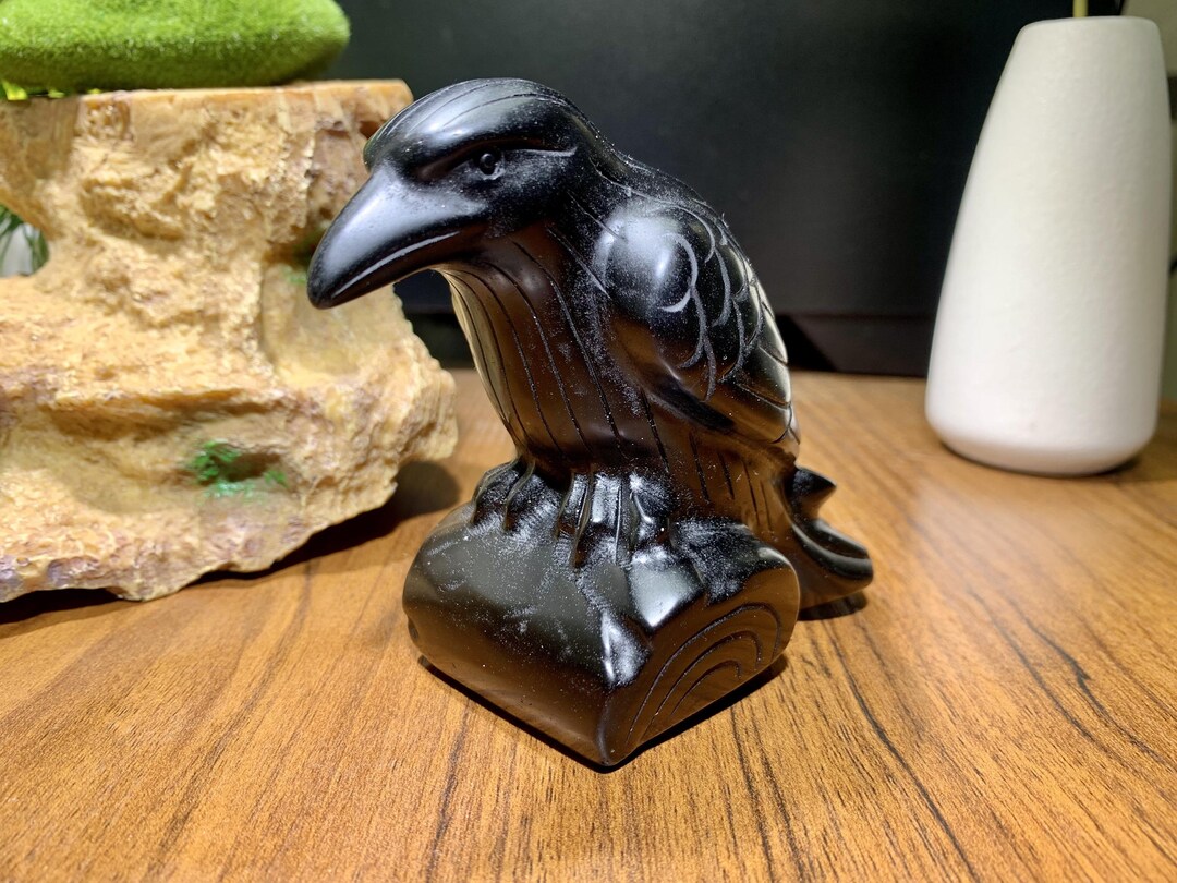 Handmade Obsidian Raven Sculpture: Crystal Bird Decor - Etsy