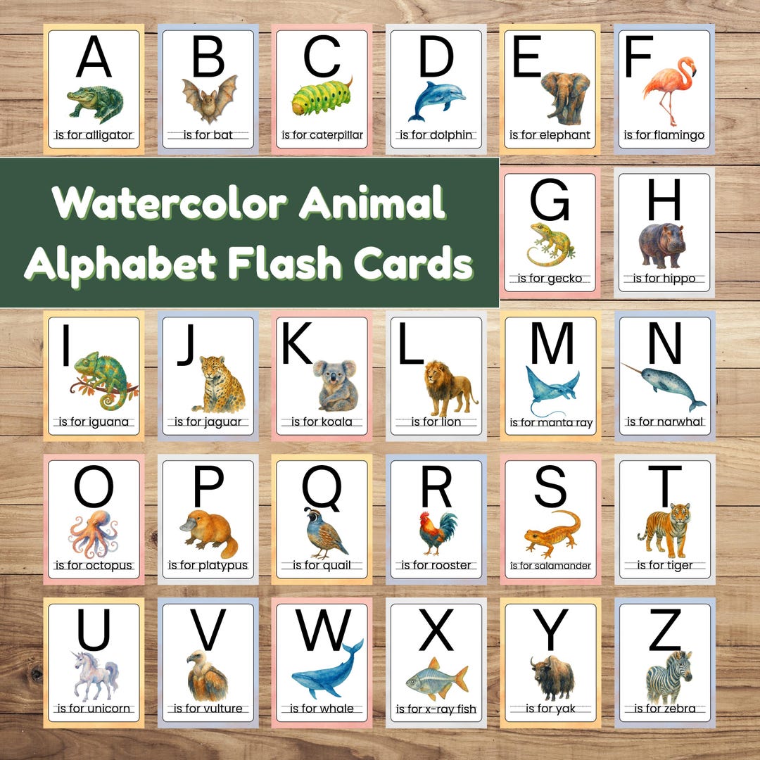 Watercolor Animal Alphabet Flashcards: A-Z Printable (8.5x11” PDF ...