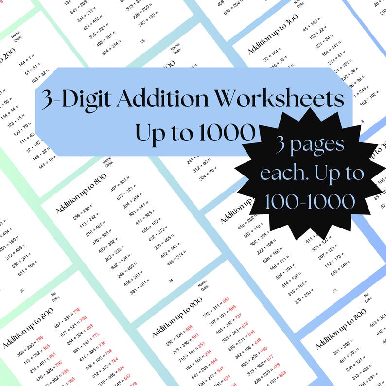 2-3 Digit Addition Worksheets - 1st 2nd Grade - Add up to 100 to 1000 ...