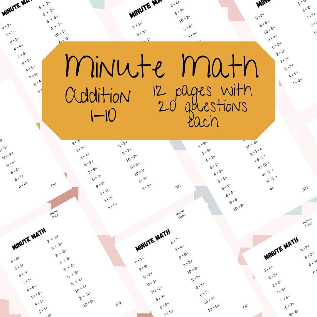 Minute Math Addition Worksheet: Grades K-1, 1-10 (PDF) - Etsy