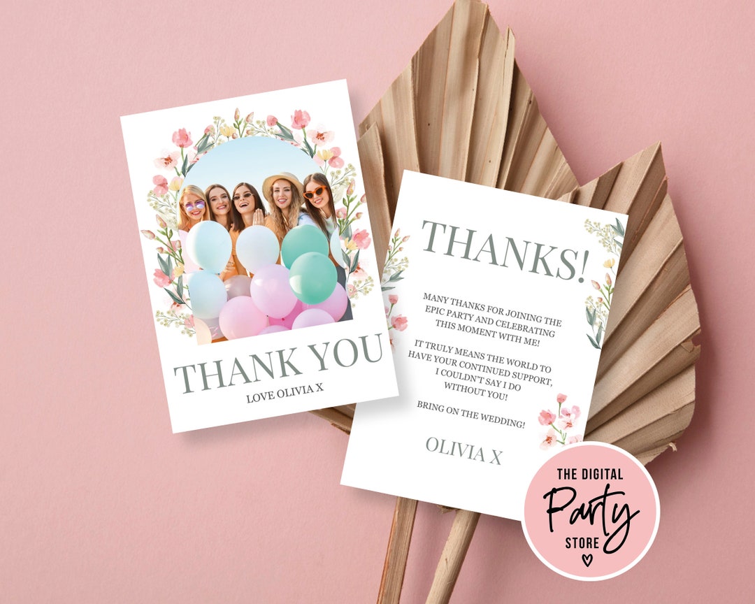 Minimalist Hen Party Photo Thank You Card, Wildflower Thank You ...