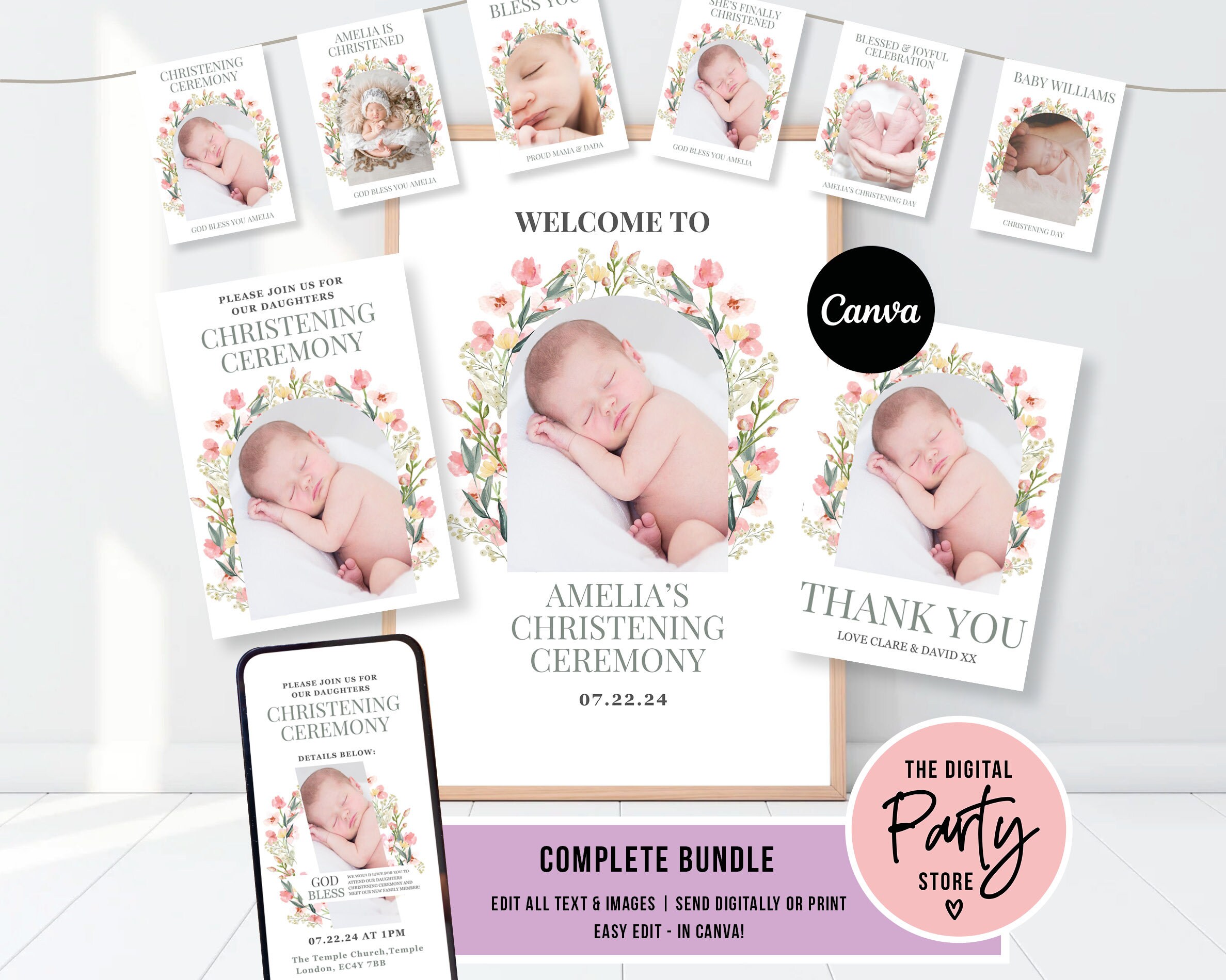 Christening Welcome Sign Template, Rustic Pink Flowers, Editable ...