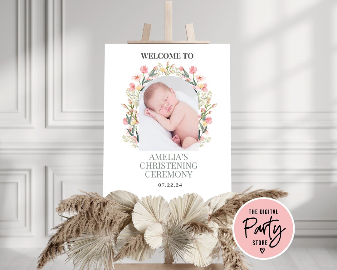 Christening Welcome Sign Template, Rustic Pink Flowers, Editable ...