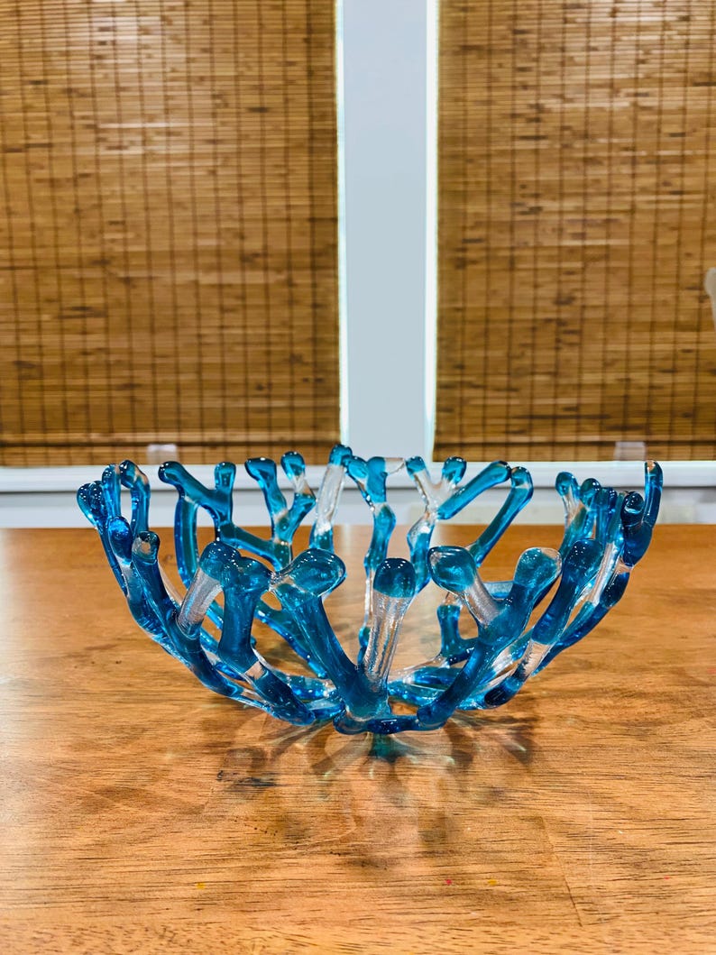 Fused Glass Coral Bowl, Large 8 Coral Bowl, Turquoise Blue Transparent ...