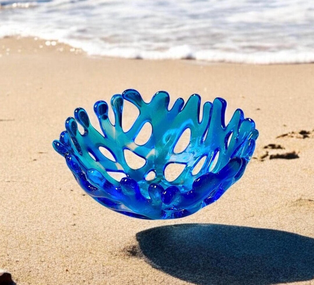 Ocean Themed Glass Coral Bowl, Fused Glass Art, Beach Bowl, Ocean Blue ...