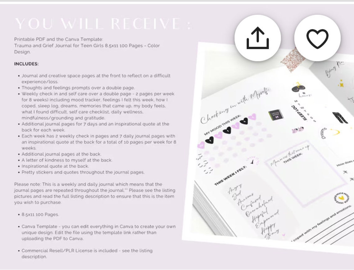 PLR Trauma & Grief Journal for Teen Girls Printable PDF, Canva Template ...