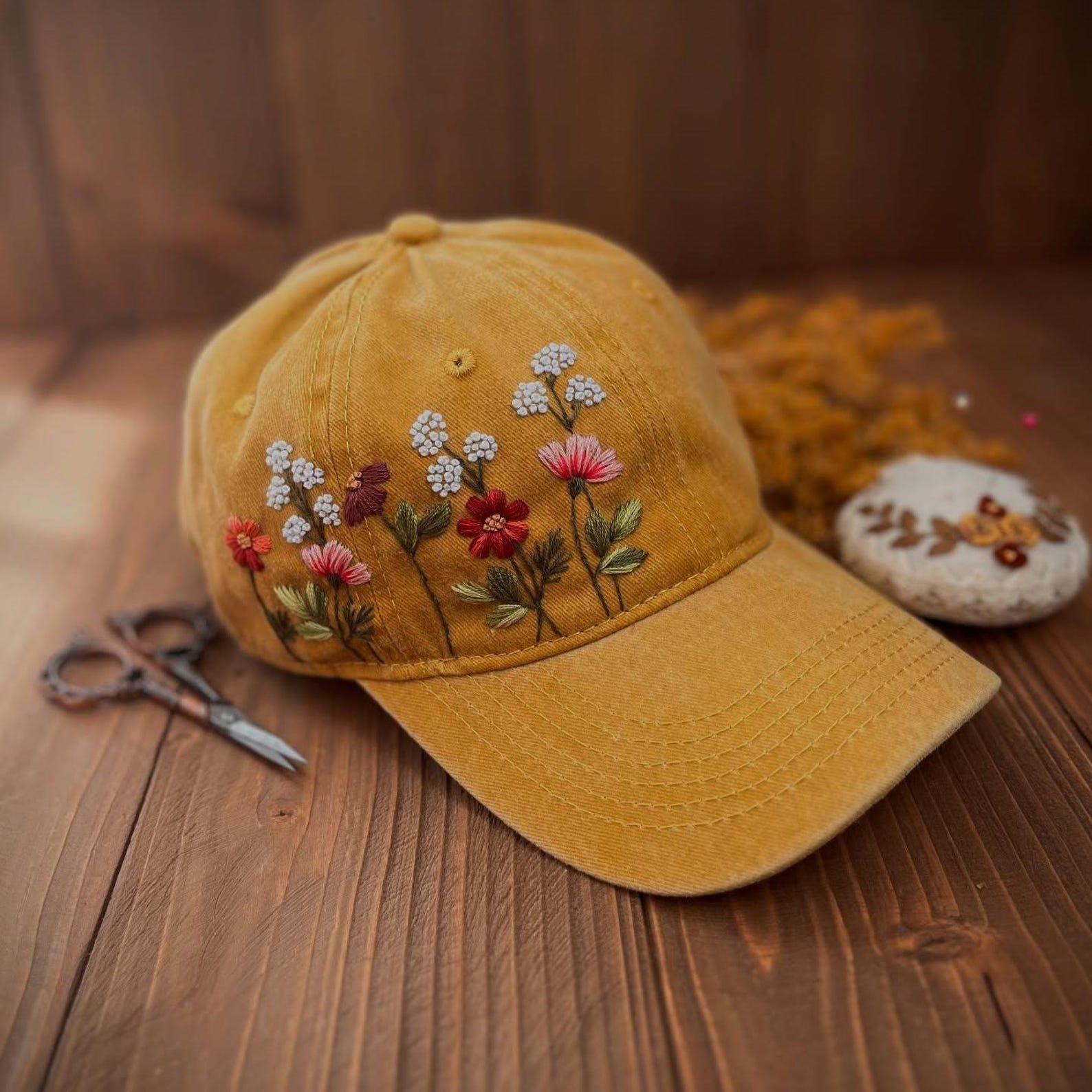 Custom Floral Embroidered Baseball Cap, Hand Embroidered Cap, Daisy ...