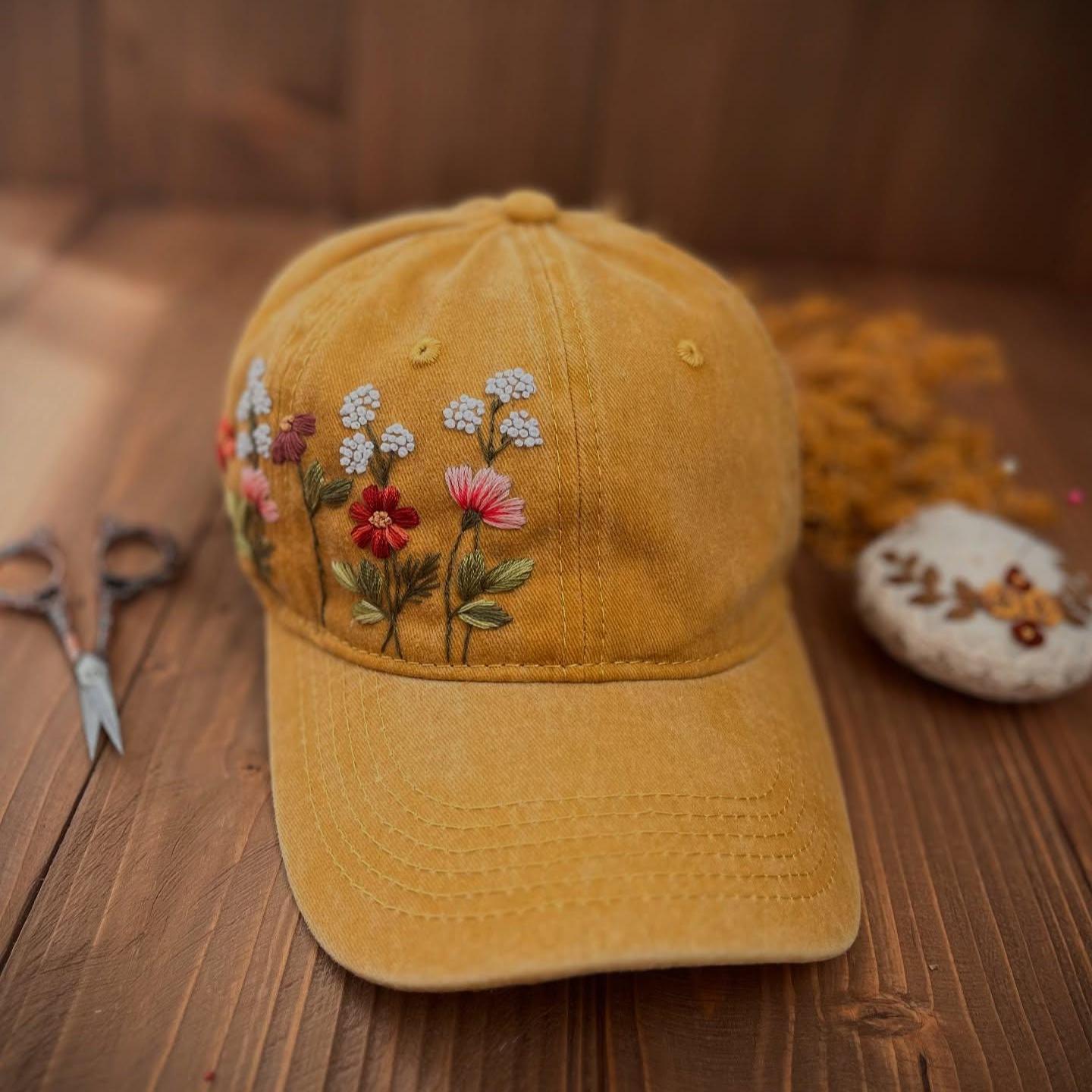 Custom Floral Embroidered Baseball Cap, Hand Embroidered Cap, Daisy ...