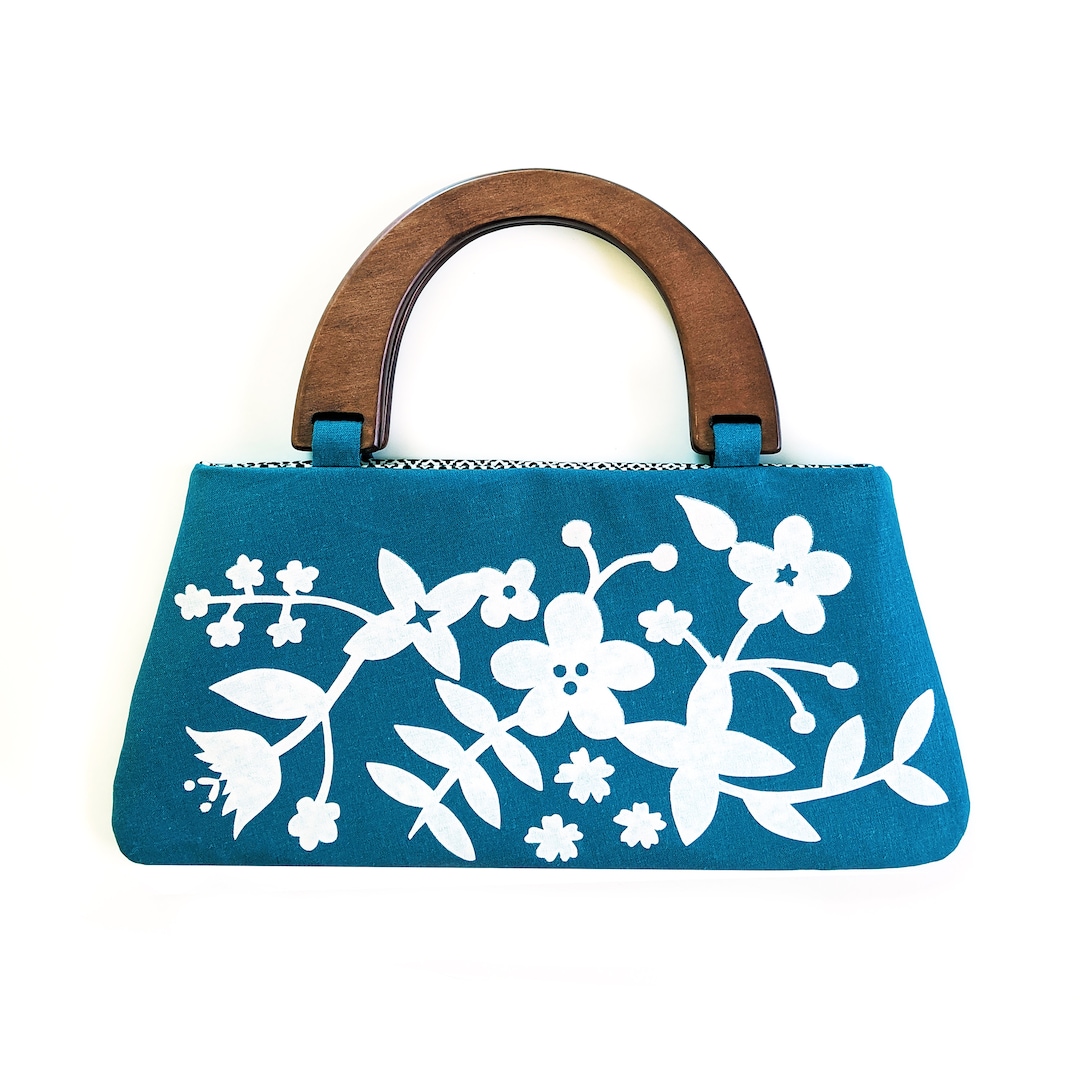Fabric Purse With Wood Handles | Floral Handbag | Screen Printed Bag ...