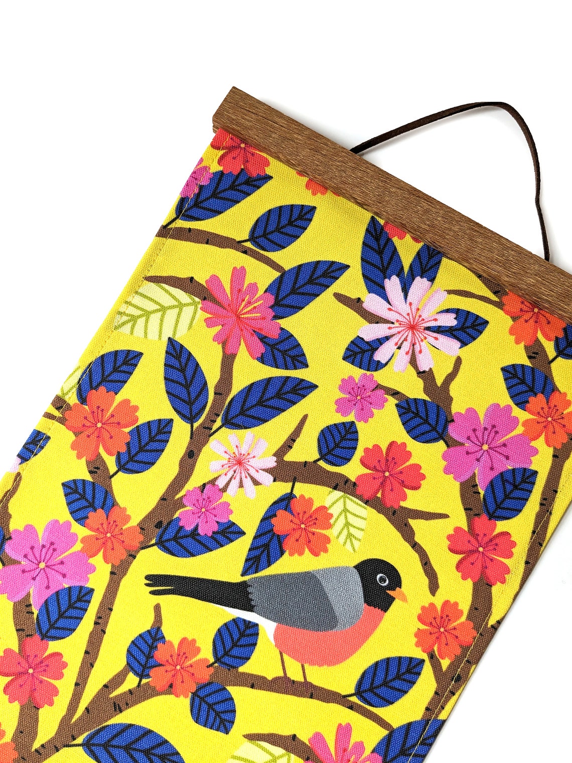 Robin and Floral Fabric Wall Hanging: Yellow Linen Tapestry With ...
