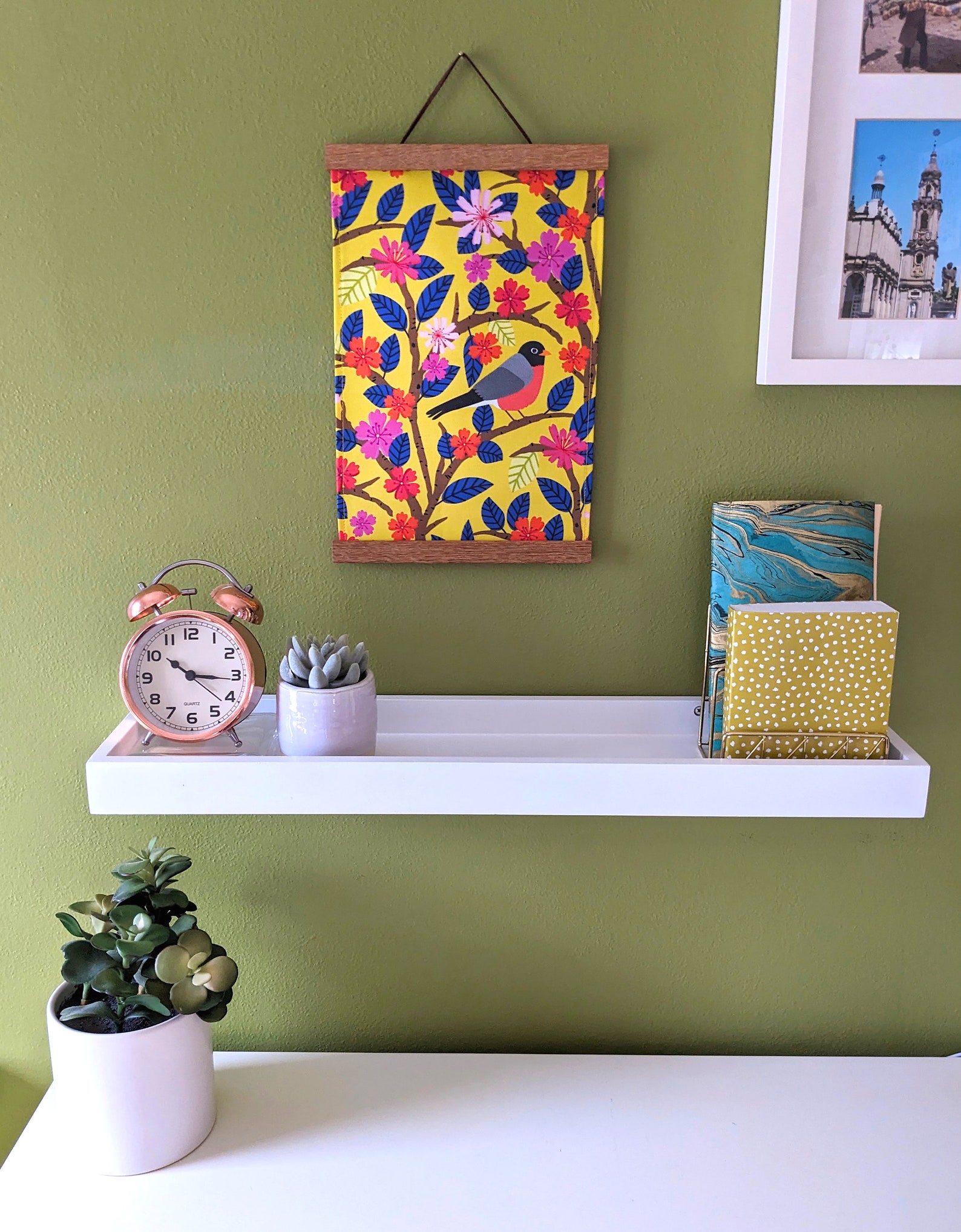 Robin and Floral Fabric Wall Hanging: Yellow Linen Tapestry With ...