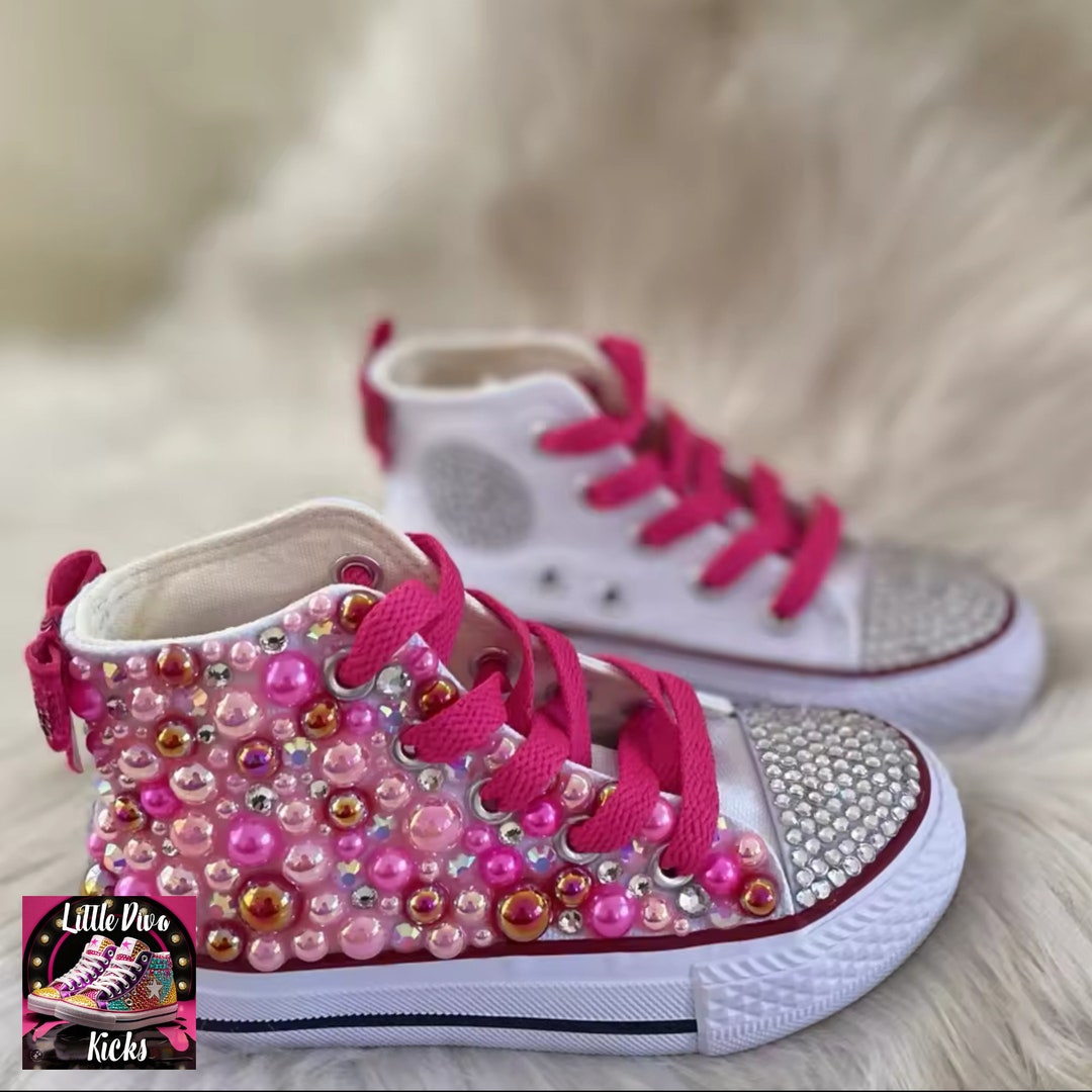 Girls High Top Canvas Sneakers With Custom Name, Pink Laces Rhinestones ...