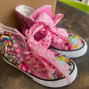 Girls High Top Canvas Sneakers Custom Candy Design Pink Laces Pink and ...