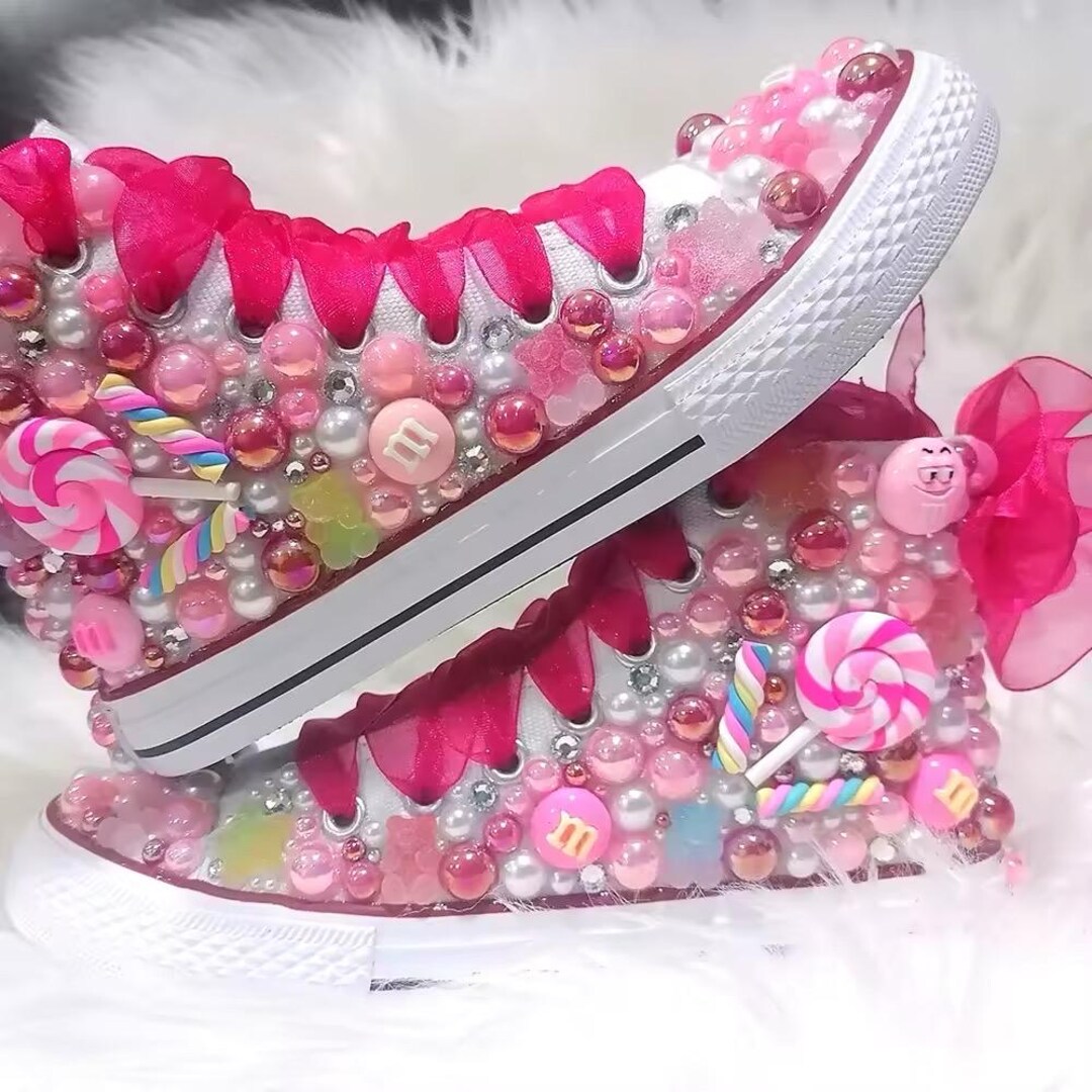 Girls High Top Pink Candy Canvas Sneakers With Pink and White Pearls ...