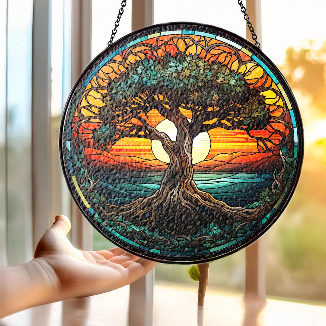 Beautiful Faux Stained Glass Tree of Life Window Hanging Ornament ...