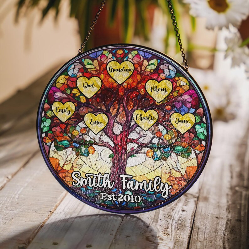 Personalized Family Tree Suncatcher, Custom Stained Glass Tree of Life ...