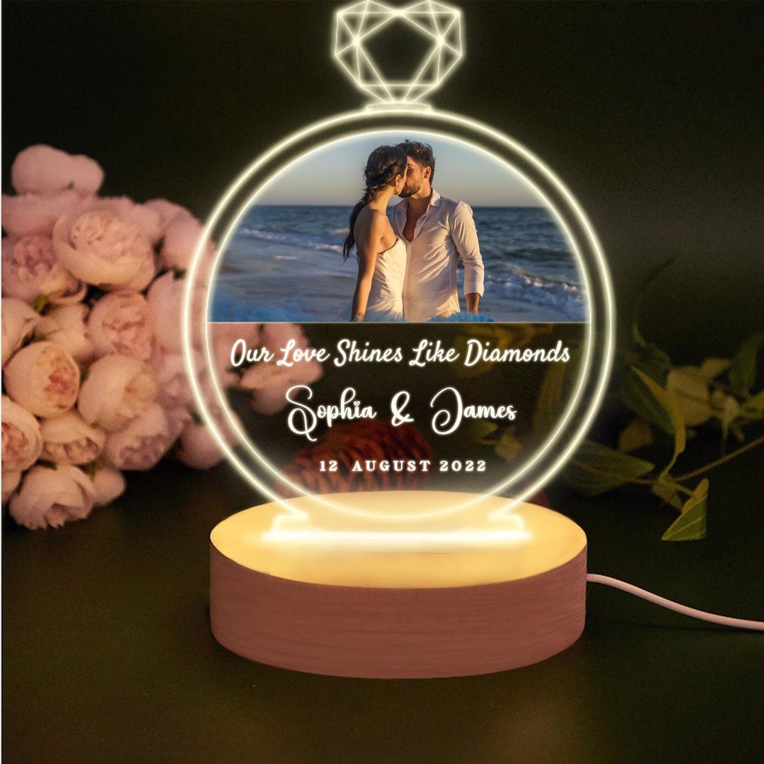 Personalized Wedding Ring Night Light, Custom Photo & Date LED Lamp ...