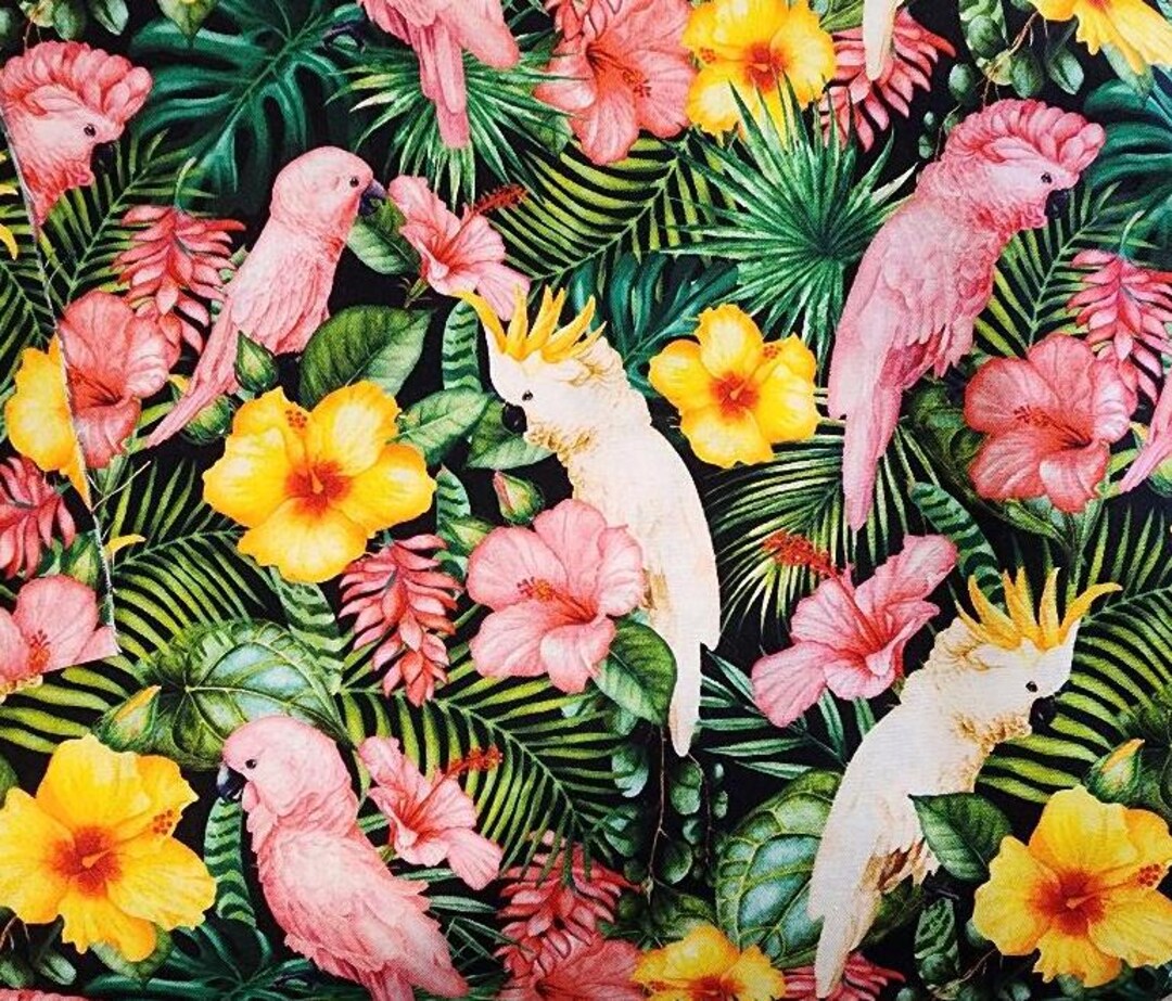 Pink Parrots, Parrot Fabric, Tropical Fabric, Cotton Fabric, Yardage ...