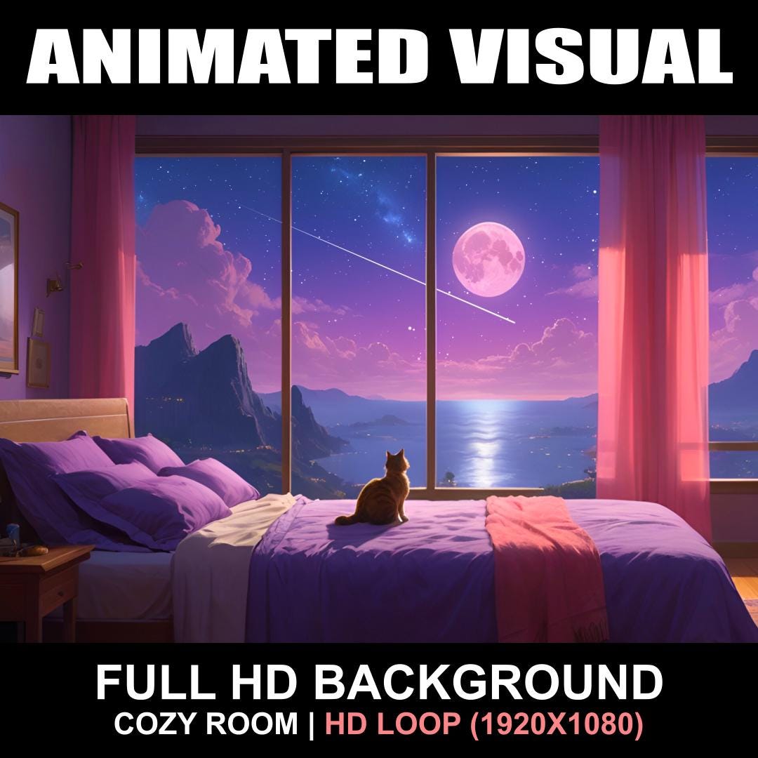 Animated Looped Cozy Night Room With Cat | Stream Screen for Vtuber ...
