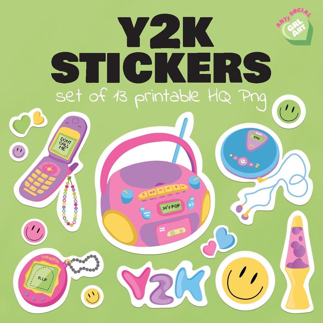 Set of 13 Y2K Printable Stickers High-quality PNG Files With Easy-cut ...