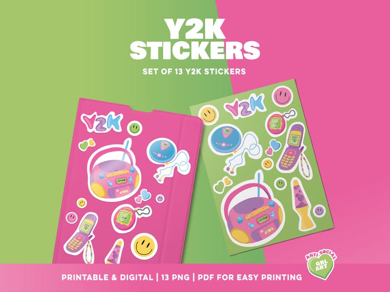 Set of 13 Y2K Printable Stickers | High-quality PNG and PDF Files With ...