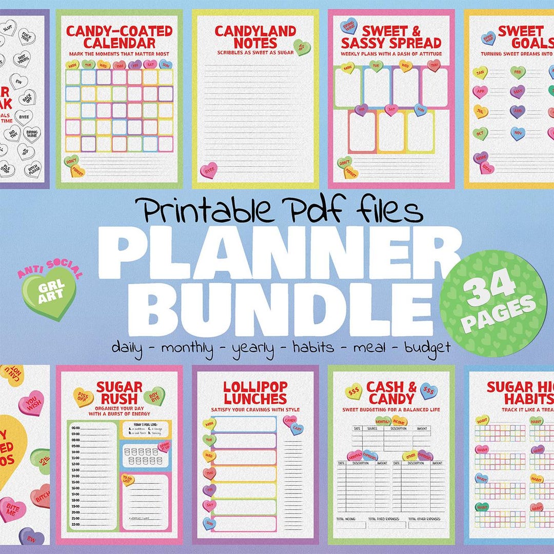 Candy Coded Planner Bundle 34 Pages Printable Conversation Heart ...