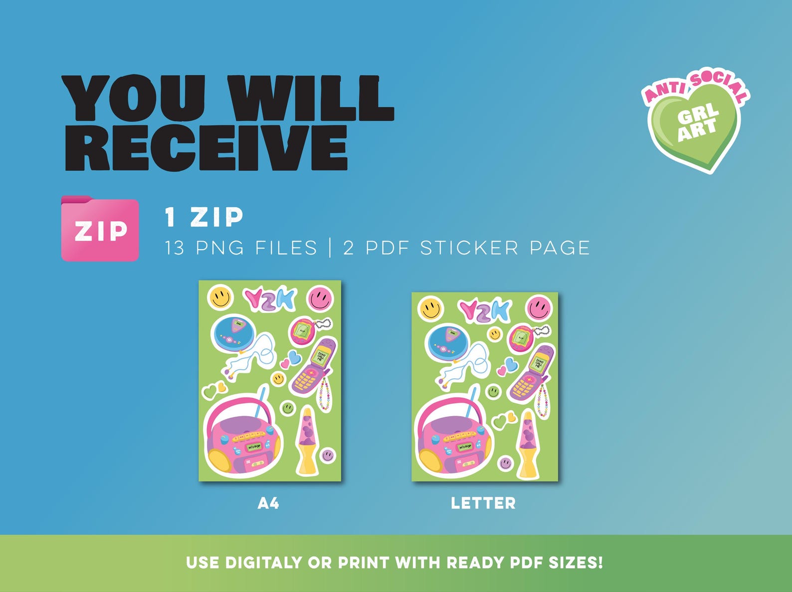 Set of 13 Y2K Printable Stickers | High-quality PNG and PDF Files With ...