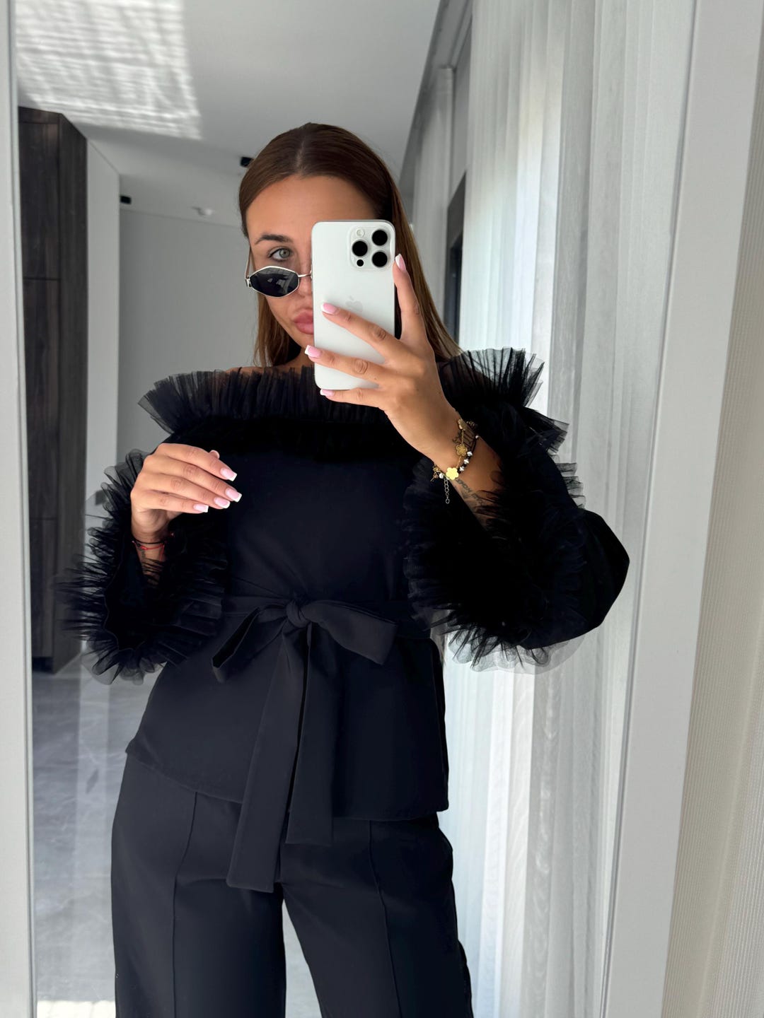 Black Women Set, Black Women Suit, Set of Black Top With Tulle Ruffles ...