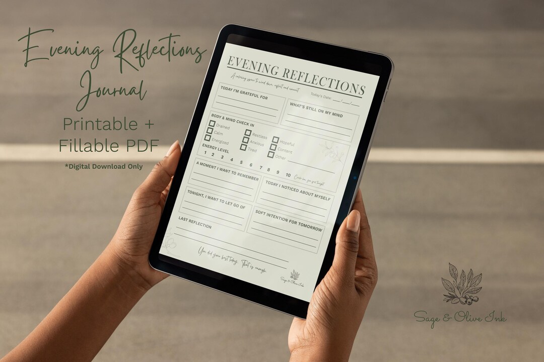 Evening Reflection Journal | Printable & Fillable PDF | Gentle Nightly ...
