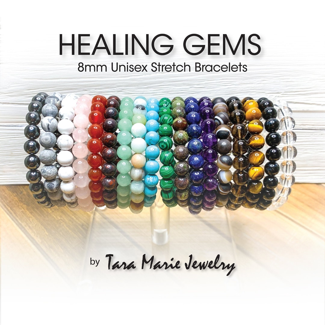 Stretch Beaded Gemstone Healing Gem Bracelets. 8mm Round Stackable ...