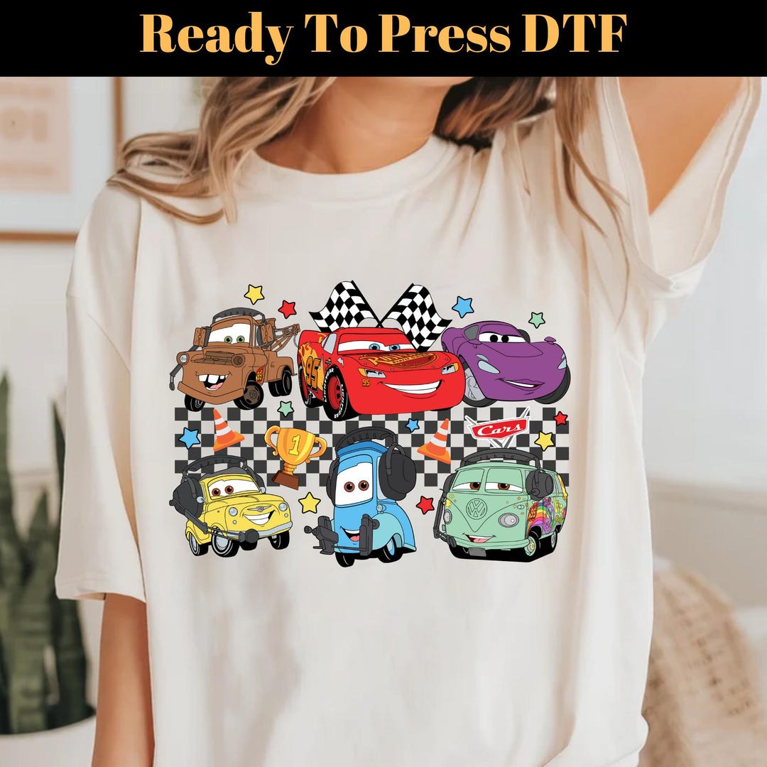 Checkered Disney Cars DTF Transfer, Mcqueen and Friends Ready to Press ...