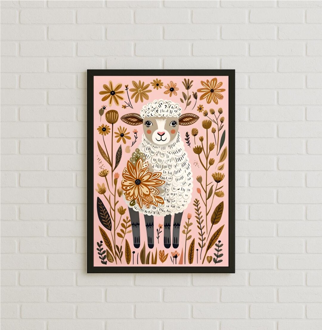 Whimsical Floral Sheep Poster – Cute Folk Art Animal Print for Nursery ...