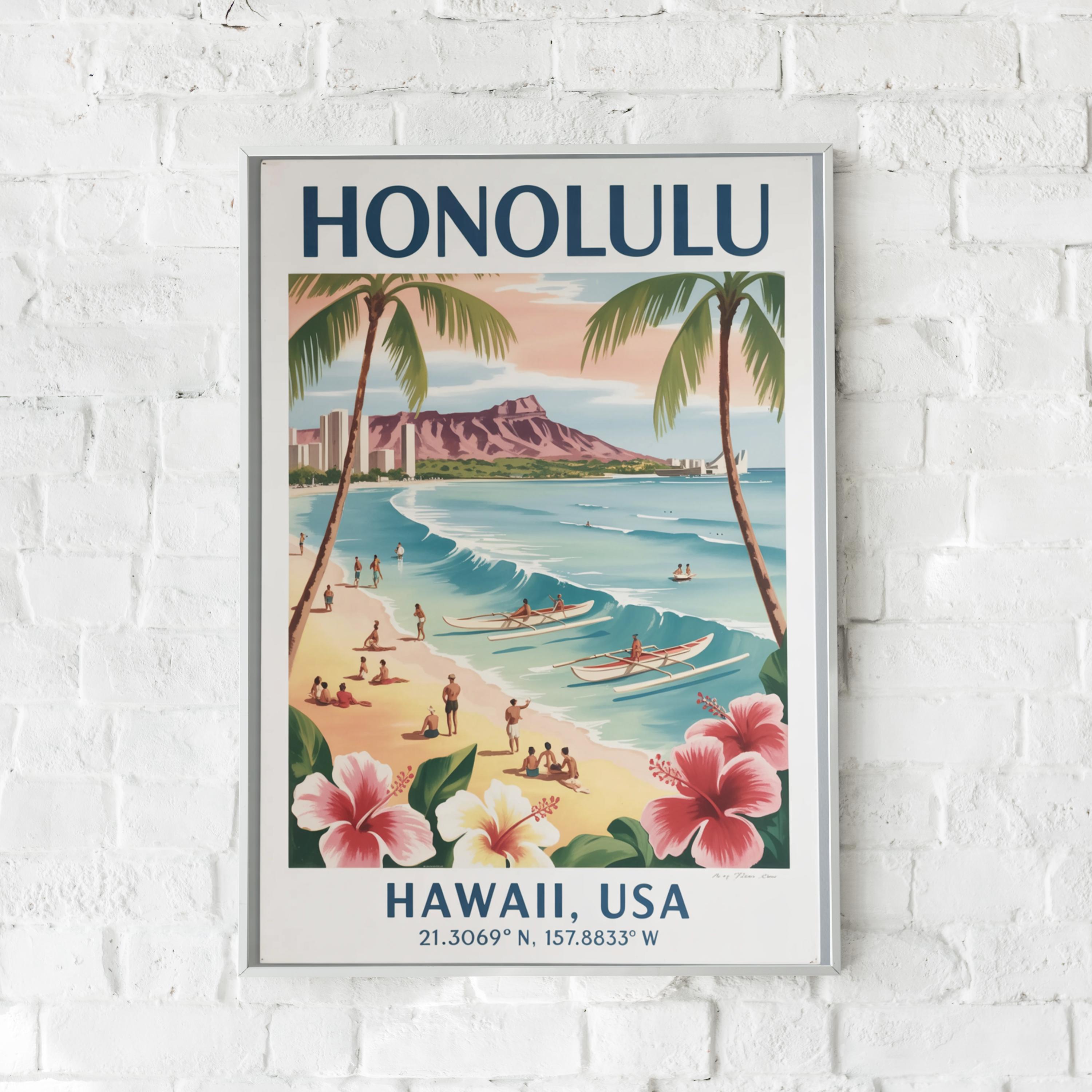 Honolulu Hawaii Travel Poster | Diamond Head Waikiki Beach Wall Art ...