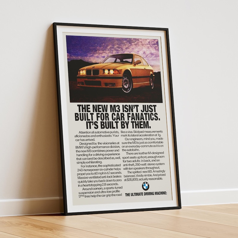 BMW M3 Poster Advert Vintage Classic Retro Art Print, Wall Decor, Man Cave Decor, Garage Art ...