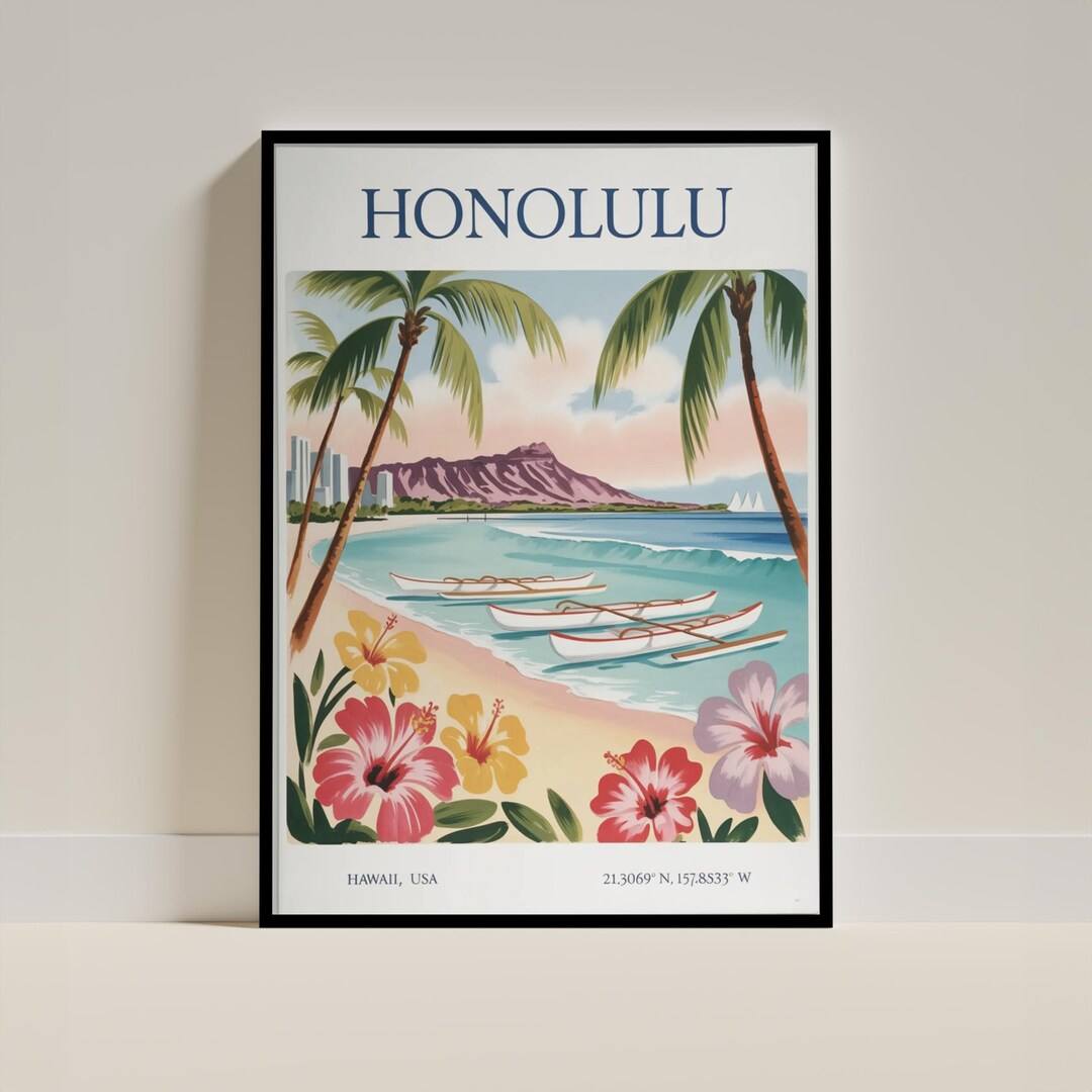 Honolulu Hawaii Vintage Travel Poster, Diamond Head Art, Hawaiian Beach ...