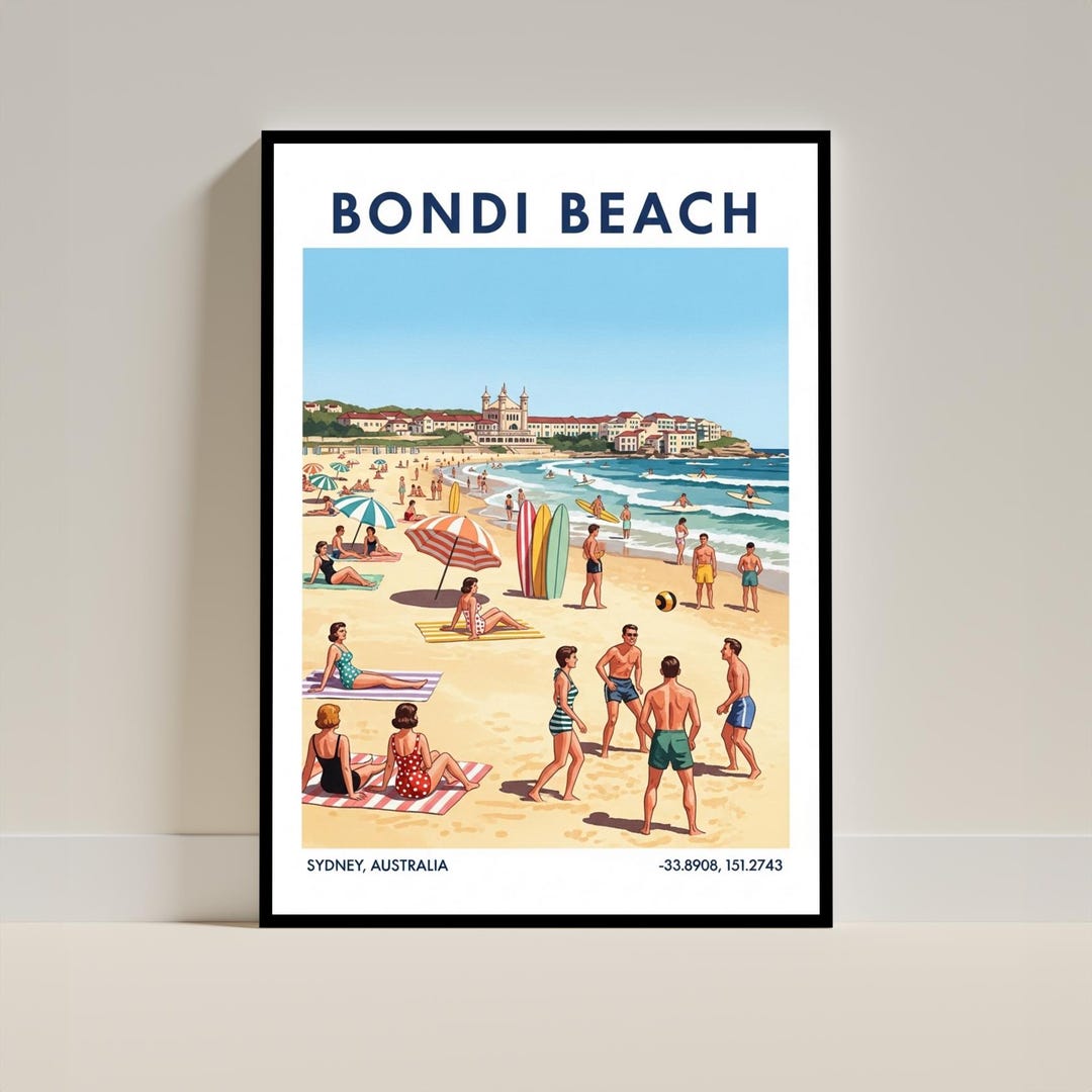 Bondi Beach Australia Poster Print – Vintage Travel Poster, Ocean Art ...