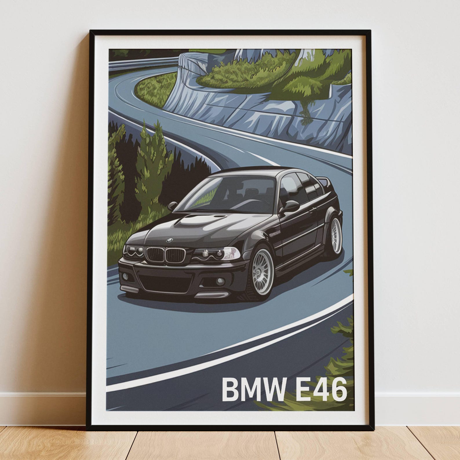 BMW M3 E46 Poster Drawing Art - Black Classic Sports Car Art Print Wall ...